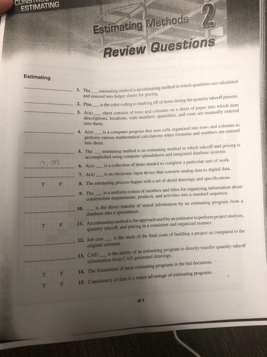 Solved CONSIRU ESTIMATING Estimating Methods Review | Chegg.com