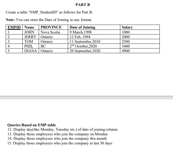 Solved PART B Create a table “EMP_StudentID" as follows for | Chegg.com