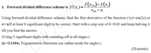 Solved 1. Forward divided difference scheme is f'(x)= | Chegg.com
