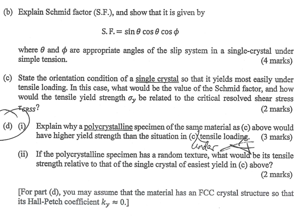 Solved (b) Explain Schmid factor (S.F.), and show that it is | Chegg.com