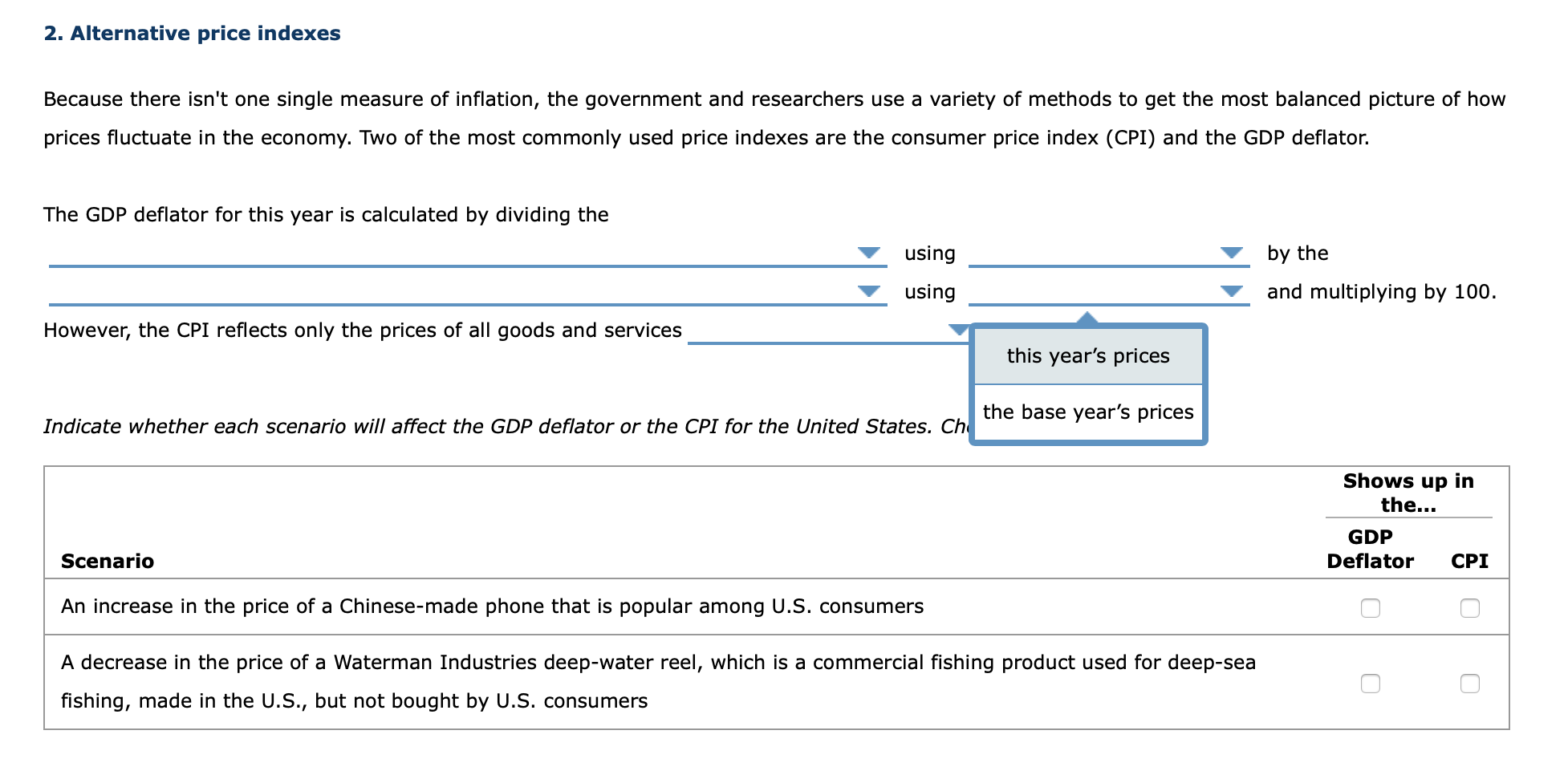 Solved 2. Alternative price indexes Because there isn't one | Chegg.com