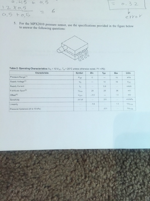 Solved 0.3 2 12x0.5 6 5. For the MPX2010 pressure sensor, | Chegg.com