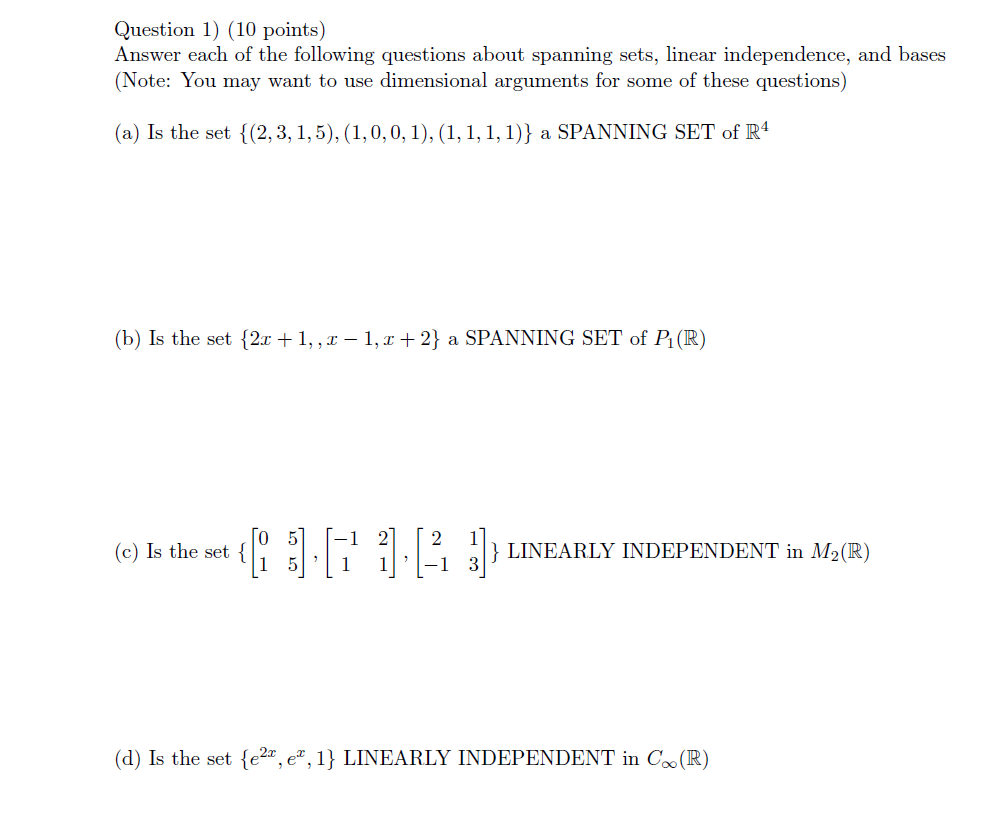 Solved Question 1) (10 points) Answer each of the following | Chegg.com