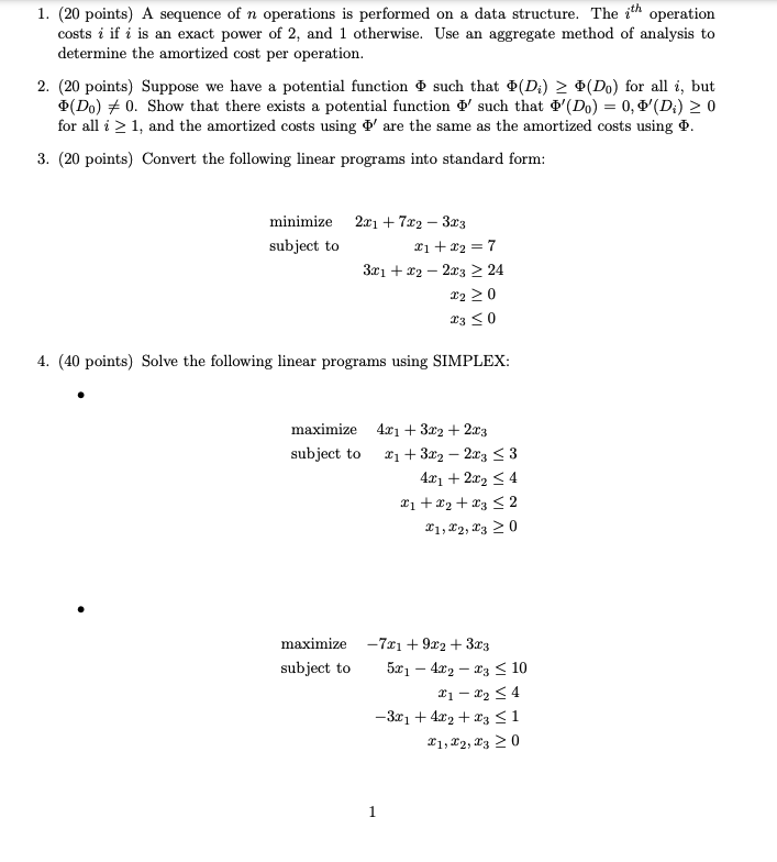 Solved ( 20 ﻿points) ﻿A sequence of n operations is | Chegg.com