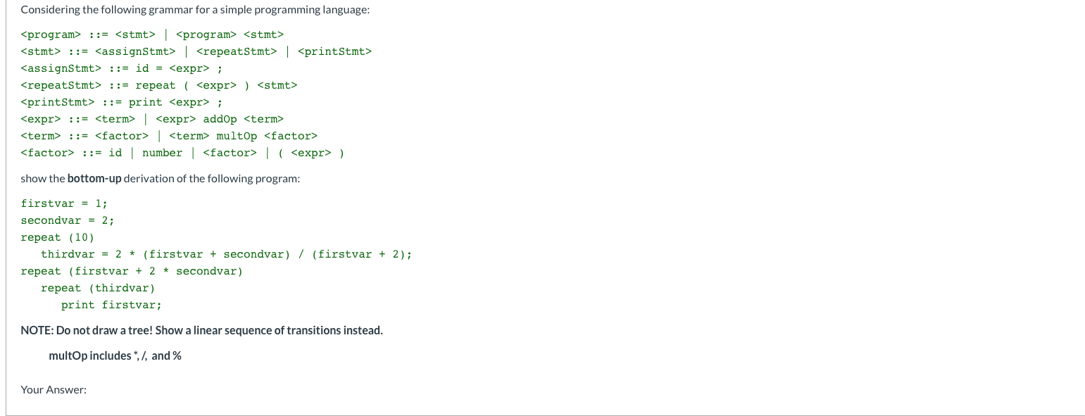Considering the following grammar for a simple | Chegg.com