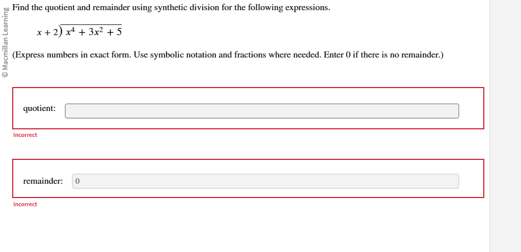 Solved Find the remainder using synthetic division for the | Chegg.com