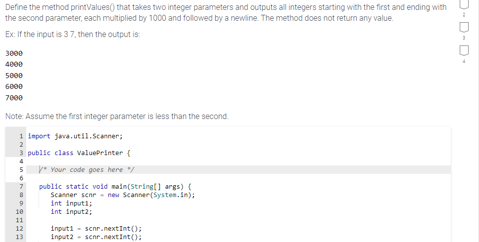 Solved Define the method printValues() that takes two | Chegg.com