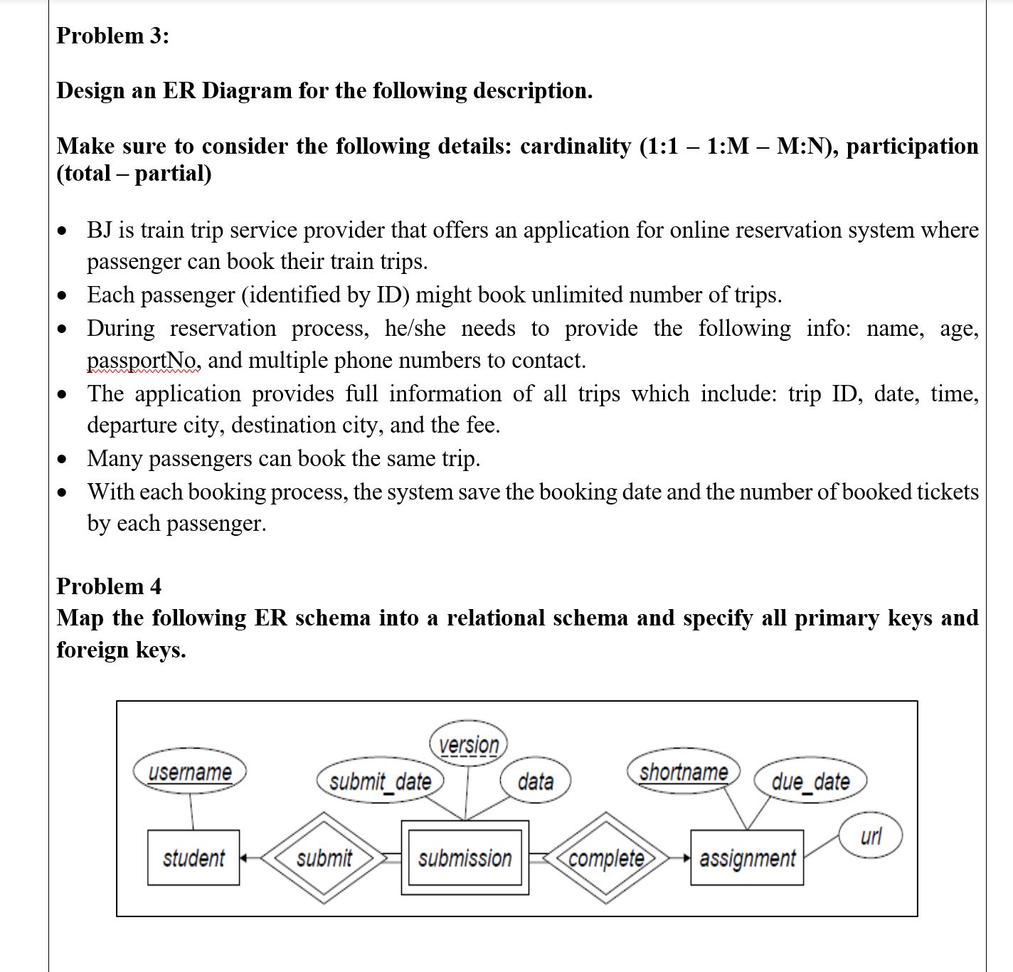 Solved Problem 3: Design an ER Diagram for the following | Chegg.com