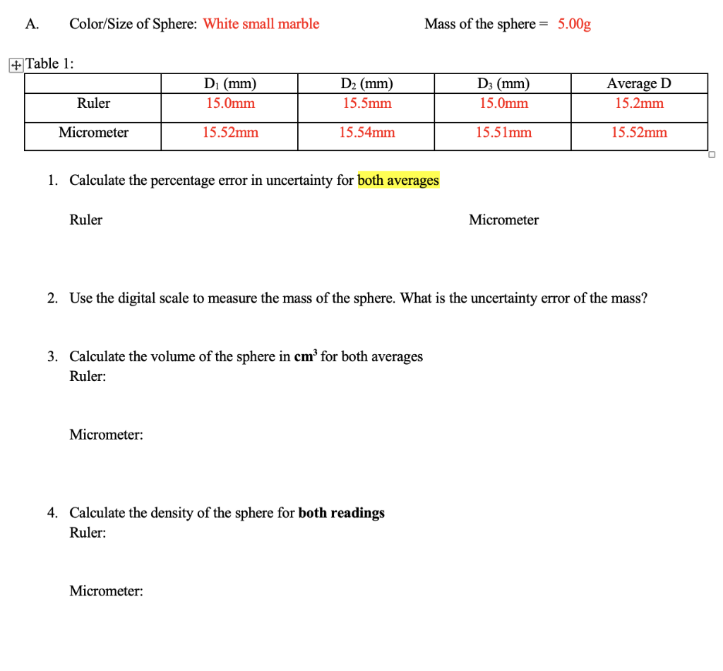 Solved A. Color/Size of Sphere: White small marble Mass of | Chegg.com