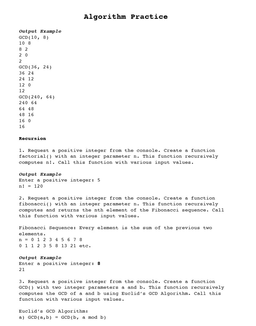 Solved Algorithm Practice Output Example GCD(10, 8) 10 8 8 2 | Chegg.com