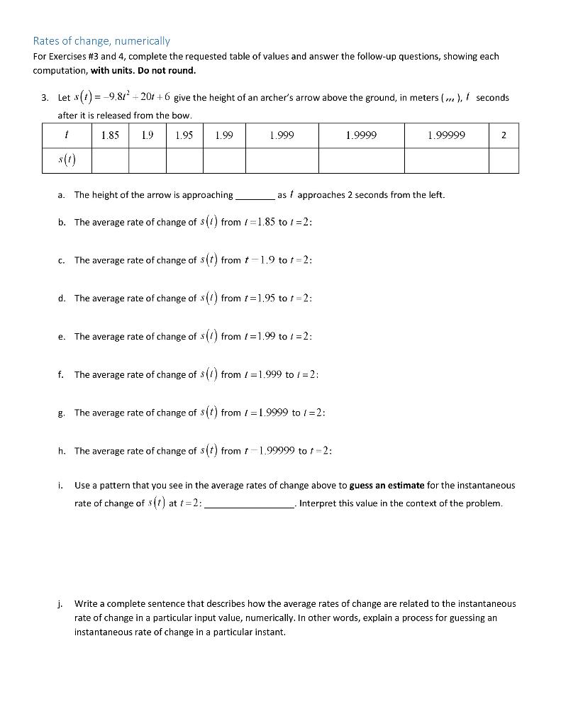 Solved Rates of change, numerically For Exercises #3 and 4, | Chegg.com