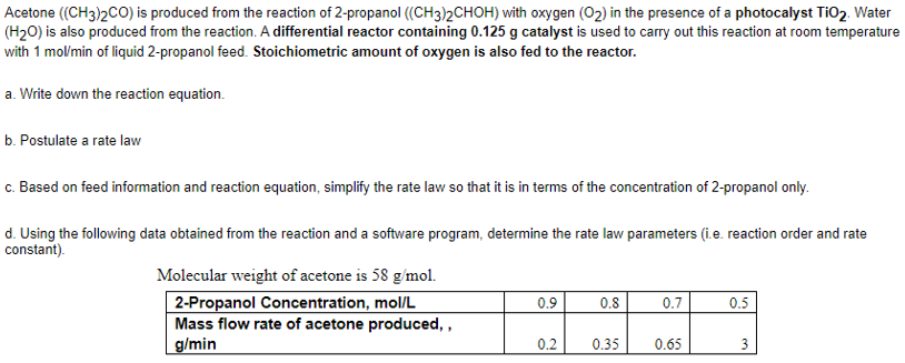Solved Acetone (CH3)2CO) is produced from the reaction of | Chegg.com