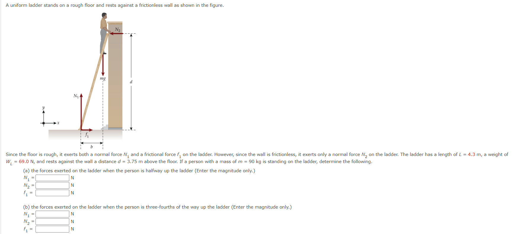Solved A uniform ladder stands on a rough floor and rests | Chegg.com