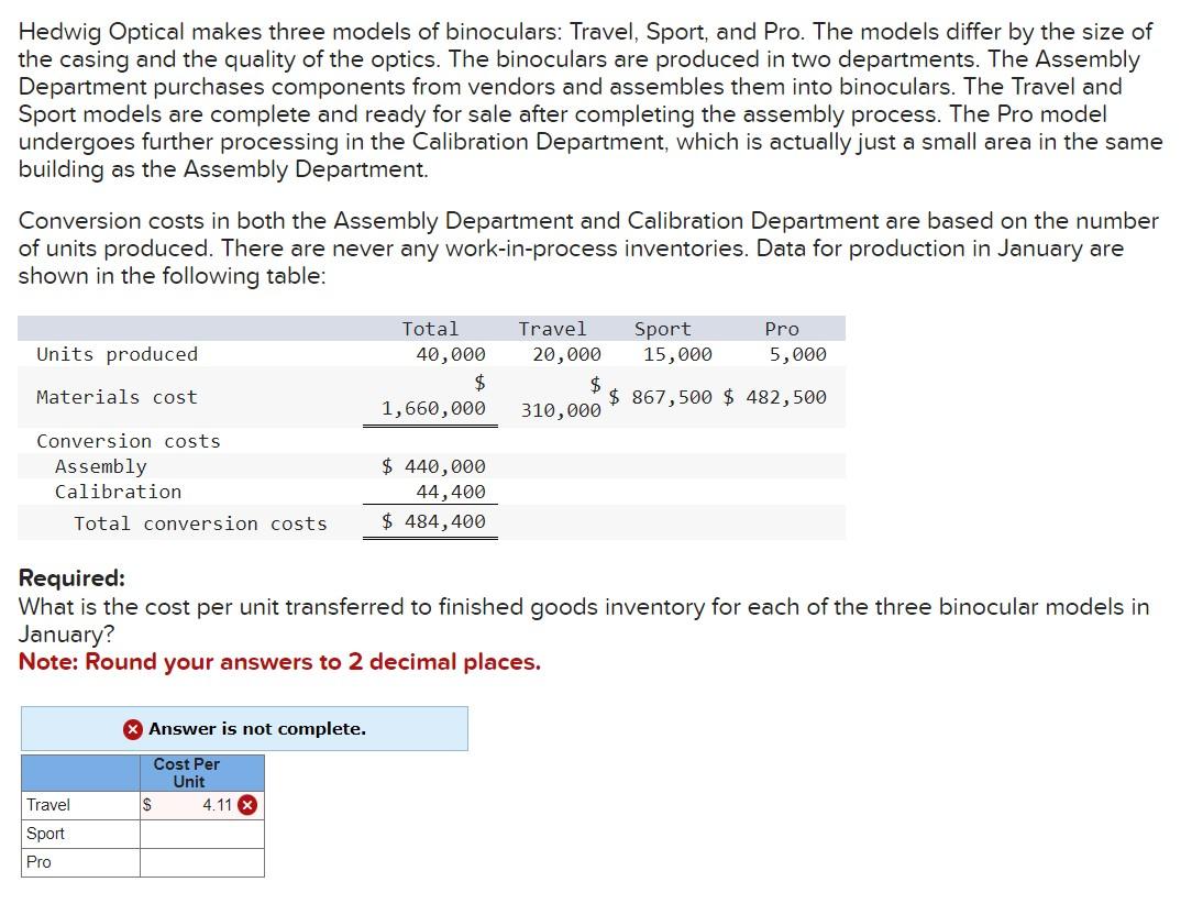 Solved Hedwig Optical makes three models of binoculars: | Chegg.com