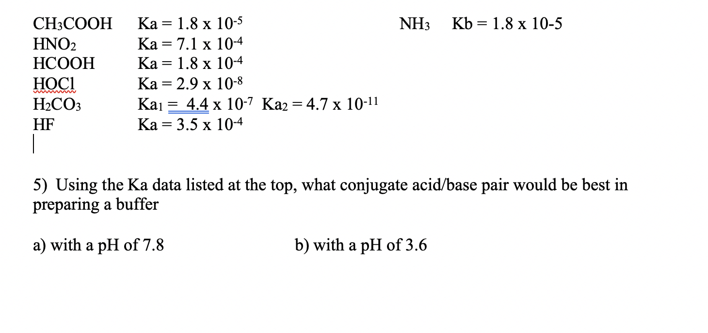Solved NH3 Kb = 1.8 x 10-5 CH3COOH HNO2 HCOOH НОСІ H2CO3 HF | Chegg.com