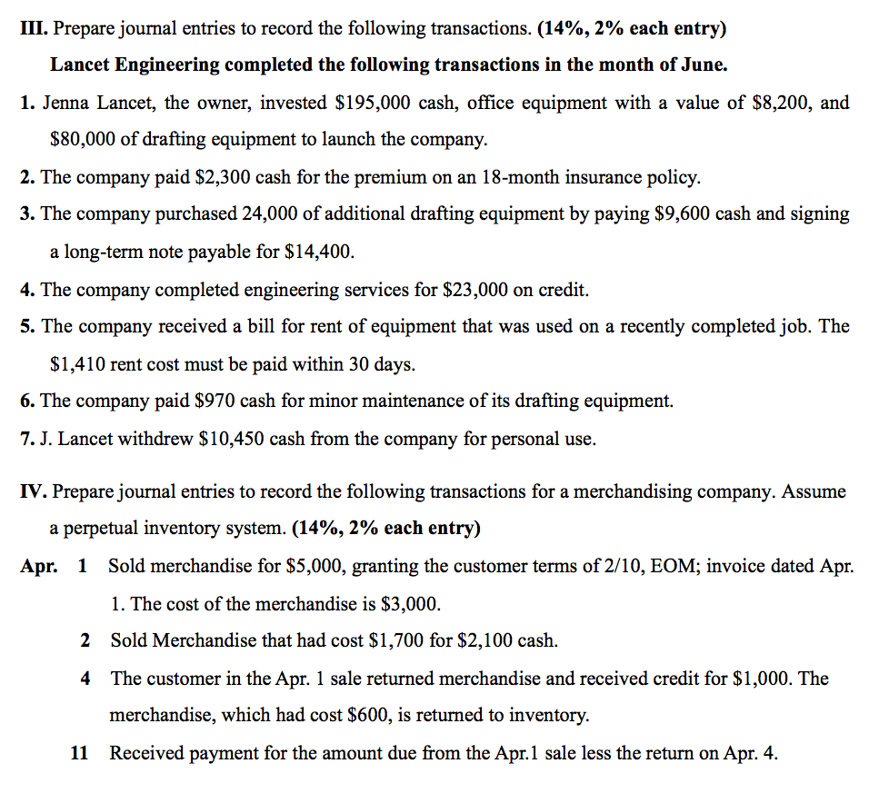 Solved III. Prepare journal entries to record the following | Chegg.com