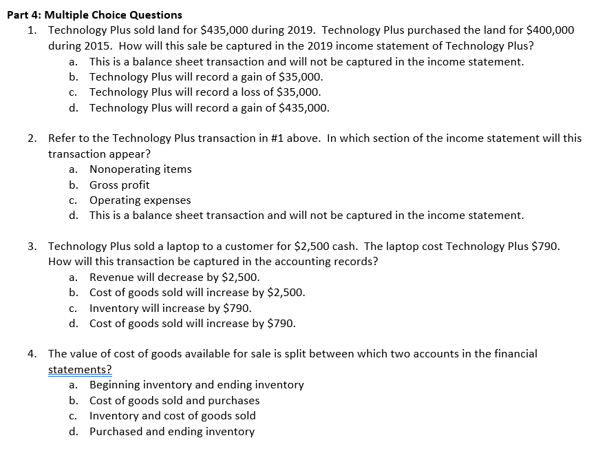 Solved Part 4: Multiple Choice Questions 1. Technology Plus | Chegg.com