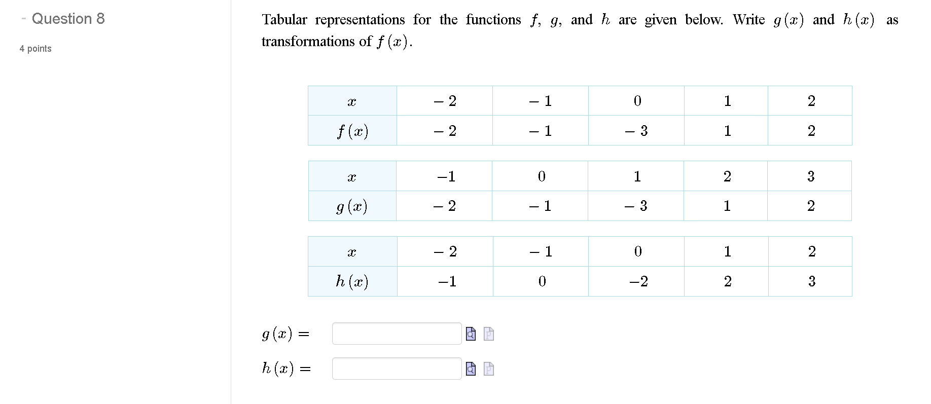 Solved Tabular representations for the functions f,g, and h | Chegg.com Solved Tabular representations for the functions f,g, and h | Chegg.com