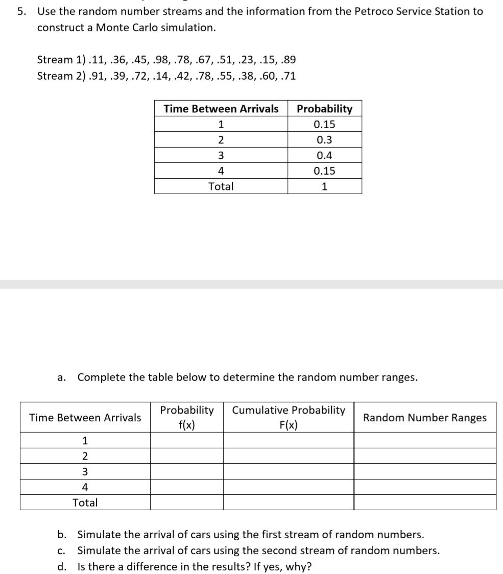 5. Use the random number streams and the information | Chegg.com