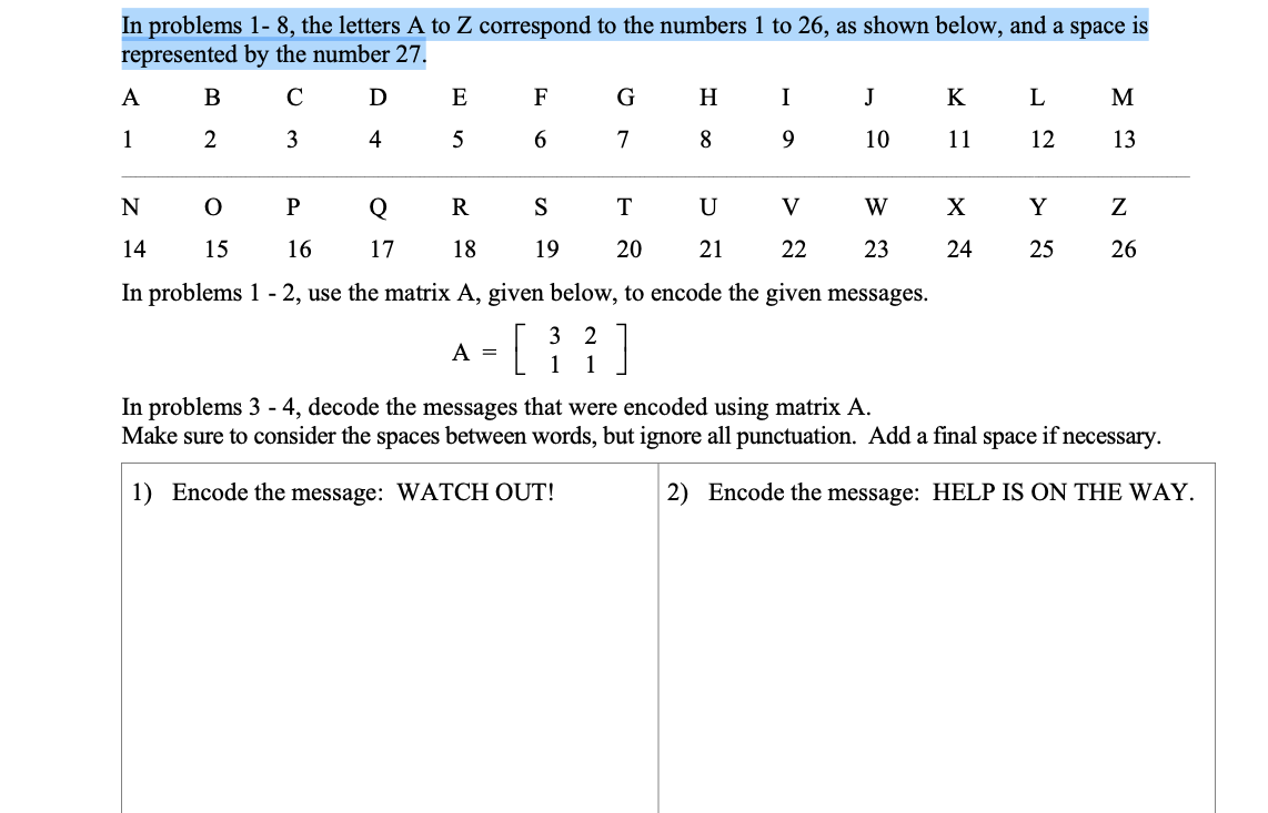 Solved In problems 1-8, the letters A to Z correspond to the | Chegg.com