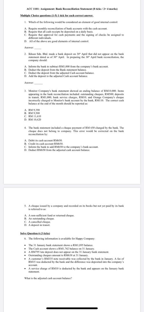 Solved ACC 1101: Assignment: Bank Reconciliation Statement | Chegg.com