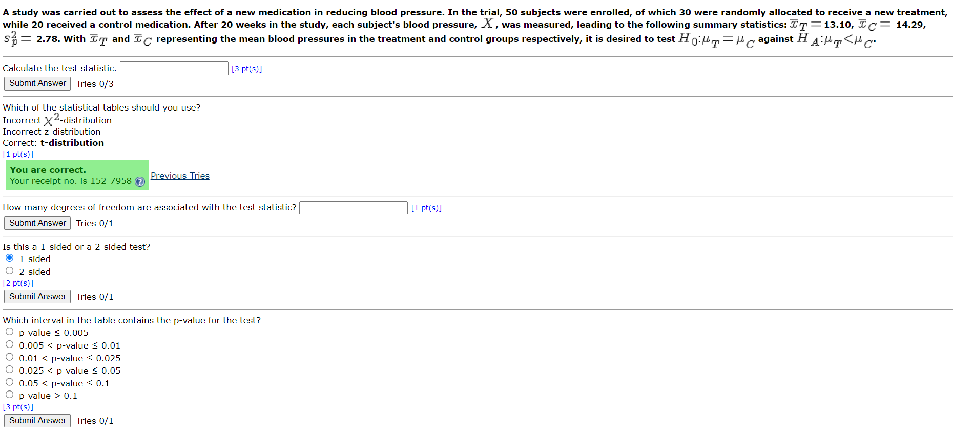 Solved Calculate the test statistic. [3 pt(s)] Tries 0/3 | Chegg.com