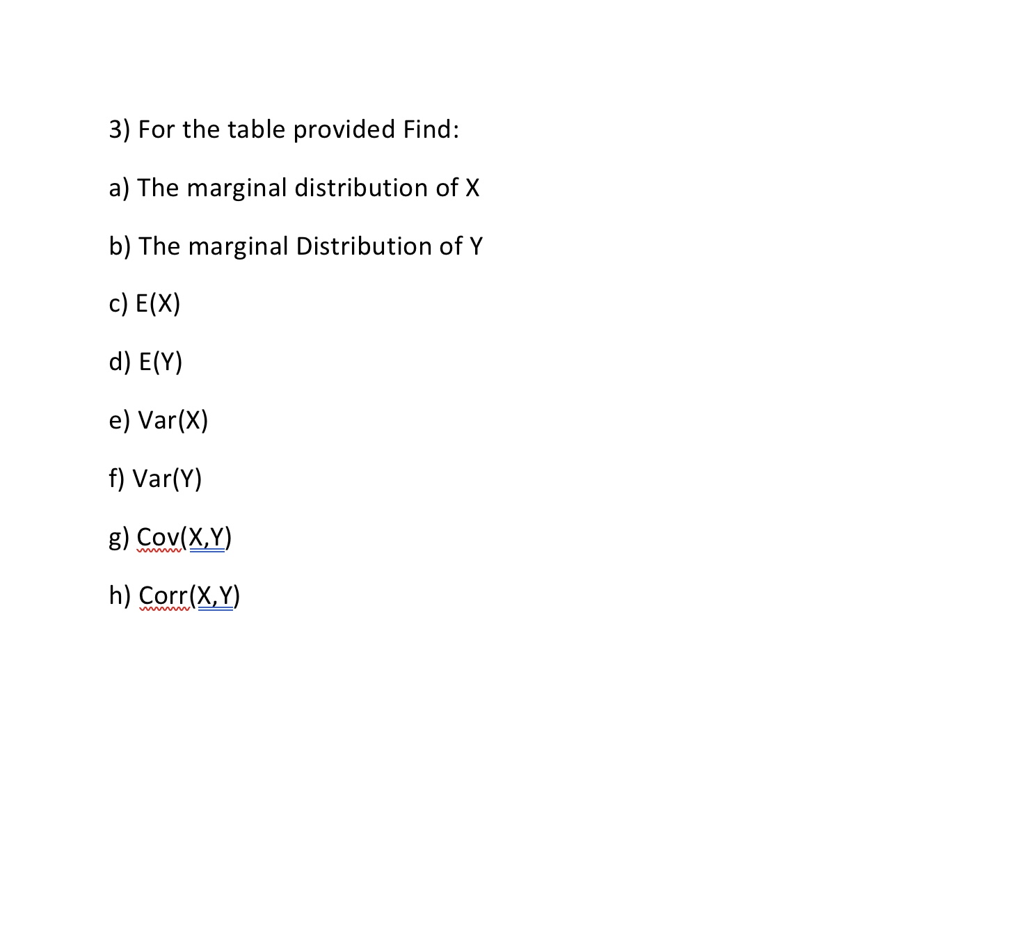 Solved 3) For the table provided Find: a) The marginal | Chegg.com