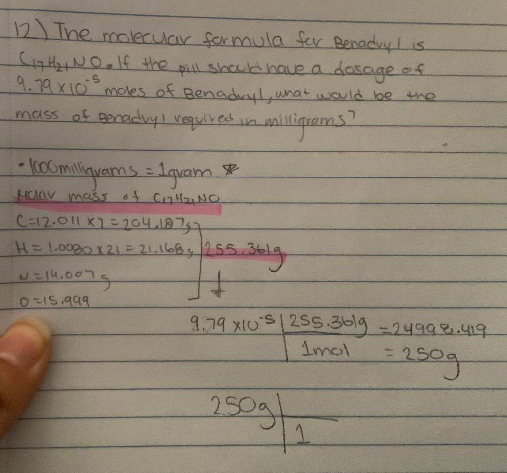 Solved 12) The molecular formula far Benadryl is C7H2,NO. If | Chegg.com