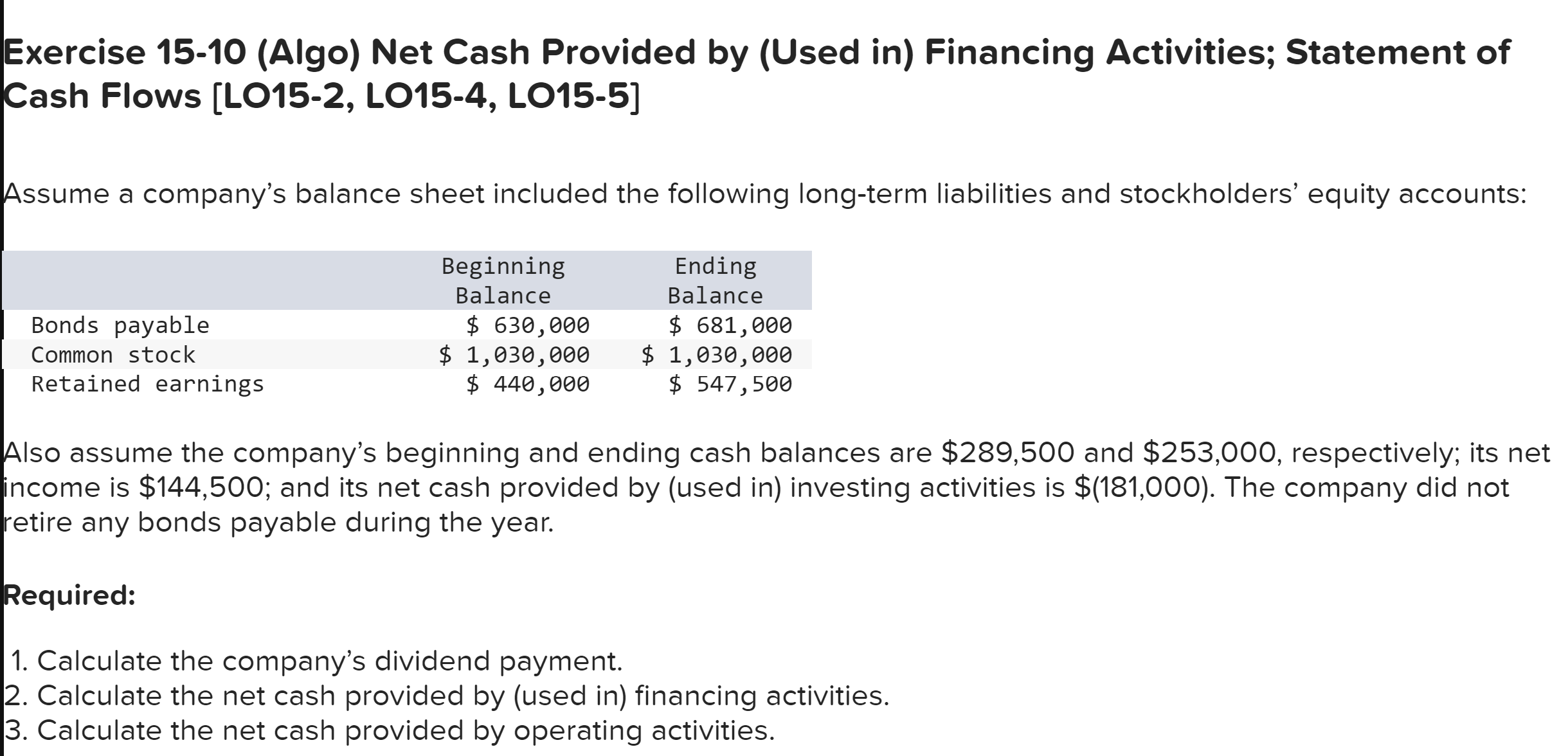 Solved Exercise 15-10 (Algo) Net Cash Provided by (Used in) | Chegg.com