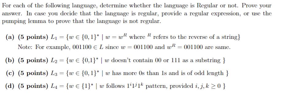 Solved For each of the following language, determine whether | Chegg.com