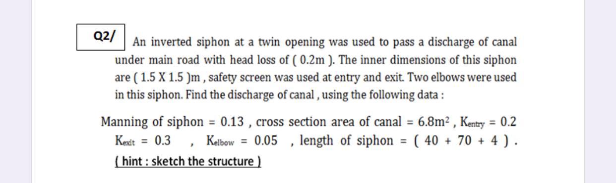 Solved Q2/ An inverted siphon at a twin opening was used to | Chegg.com