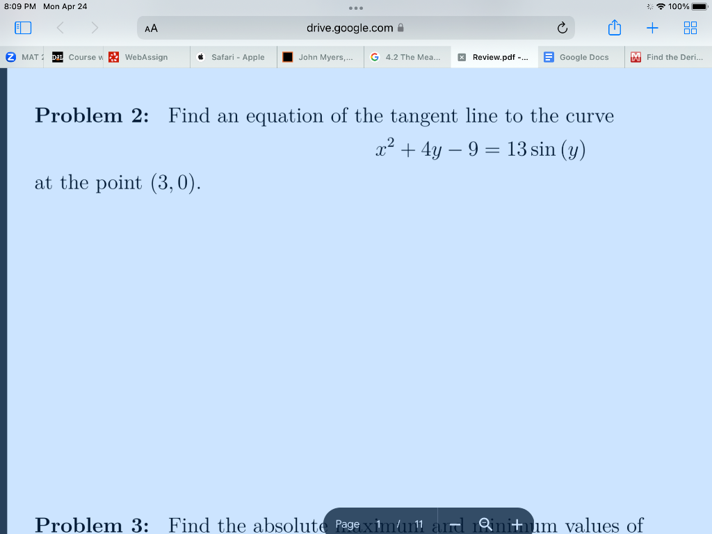 Solved Problem 2: Find an equation of the tangent line to | Chegg.com