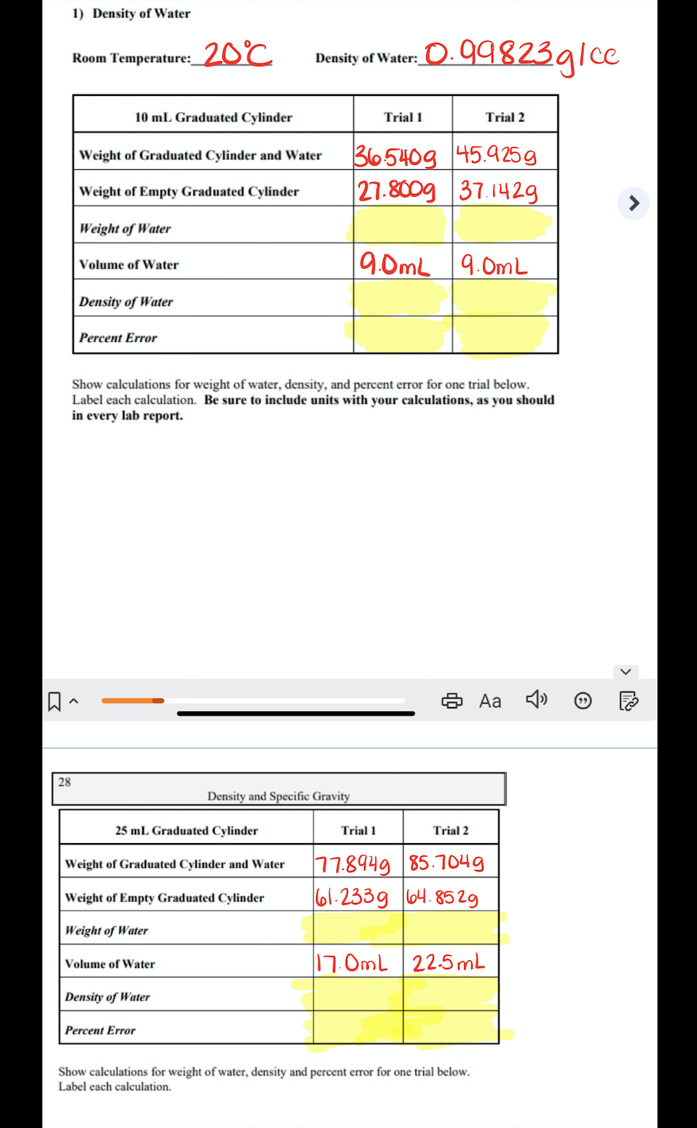 Solved 1) Density of Water Room Temperature: -20°C Density | Chegg.com