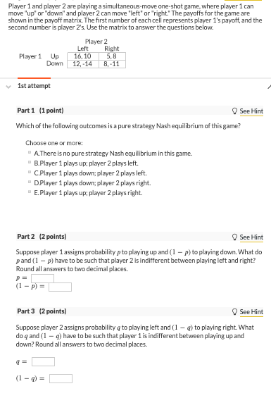 Solved Player 1 and player 2 are playing a simultaneous-move | Chegg.com