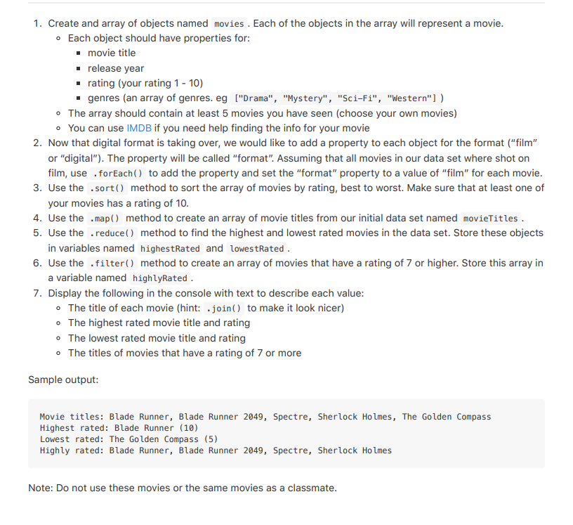Solved 1. Create and array of objects named movies . Each of | Chegg.com