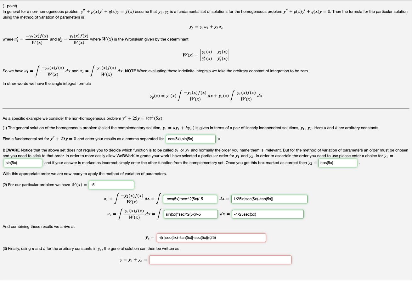 Solved using the method of variation of parameters is | Chegg.com
