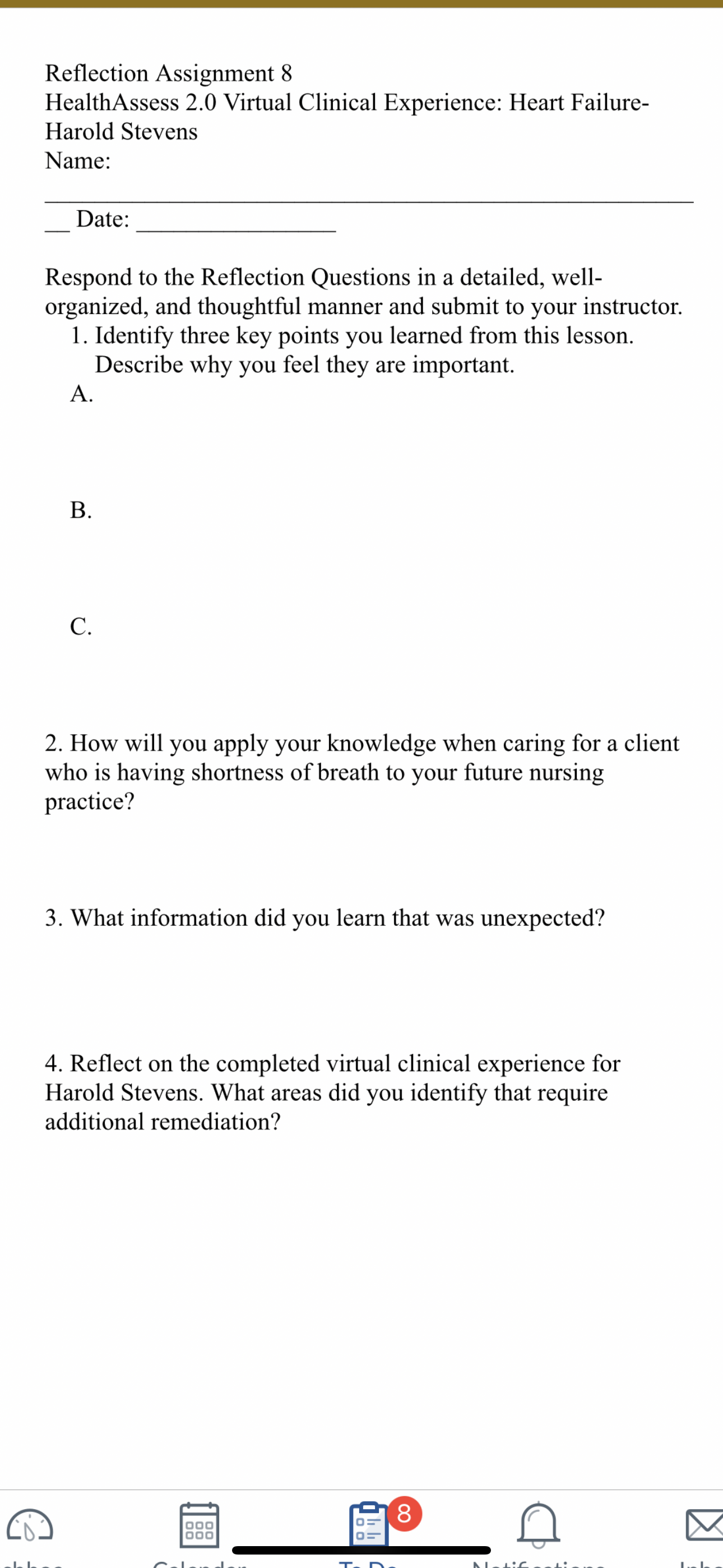 Solved Reflection Assignment 8 HealthAssess 2.0 Virtual | Chegg.com
