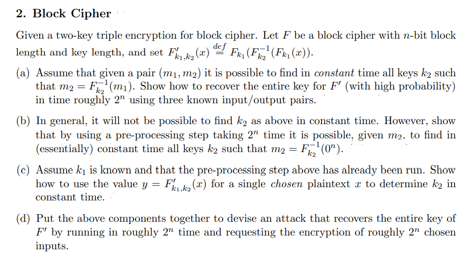 2. Block Cipher Given a two-key triple encryption for | Chegg.com