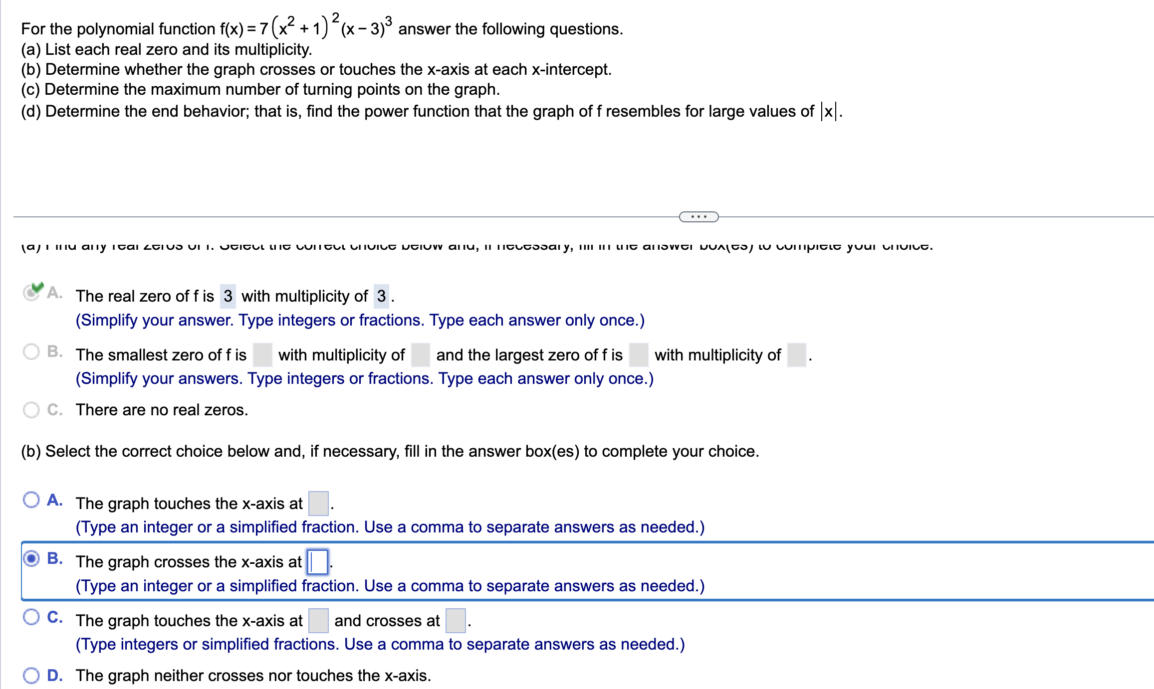 Solved For the polynomial function f(x)=7(x2+1)2(x−3)3 | Chegg.com