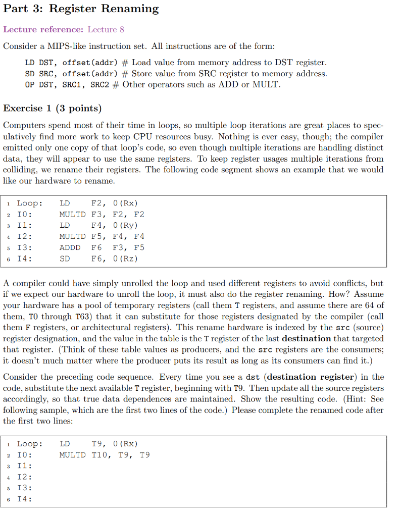 Solved Part 3: Register Renaming Lecture reference: Lecture | Chegg.com