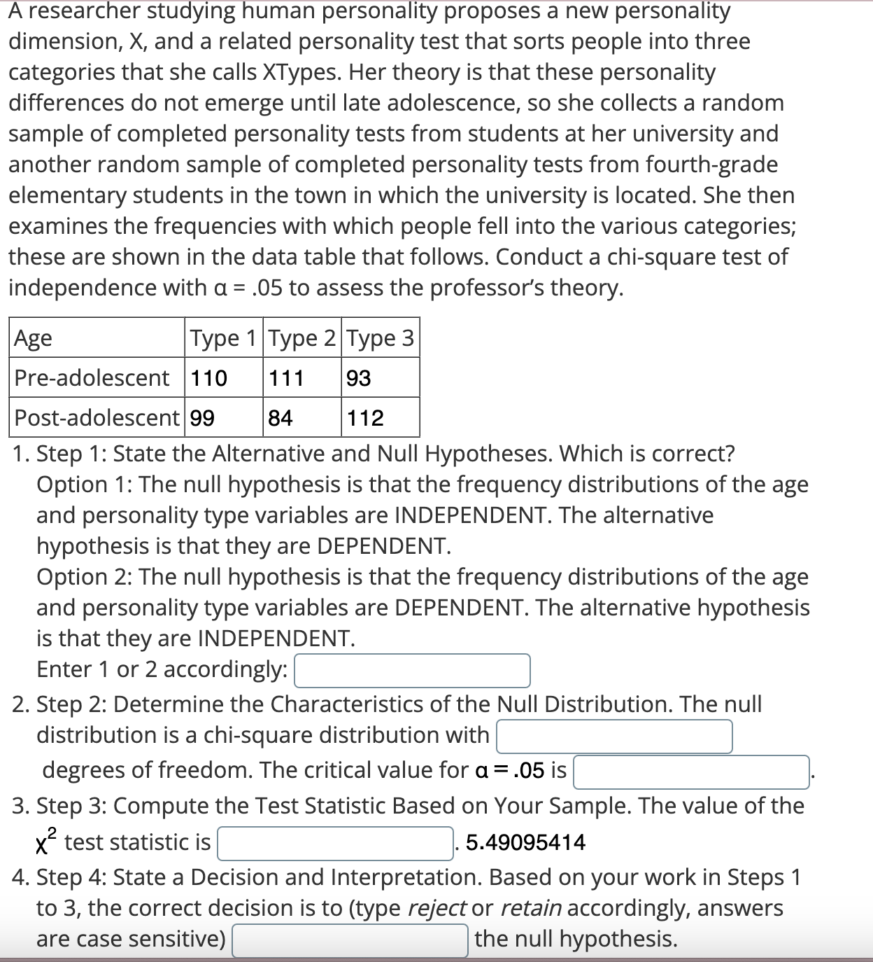 Solved A researcher studying human personality proposes a | Chegg.com