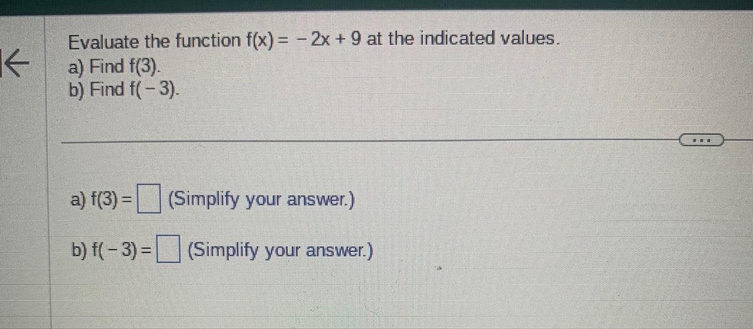 Solved Evaluate the function f(x)=−2x+9 at the indicated | Chegg.com