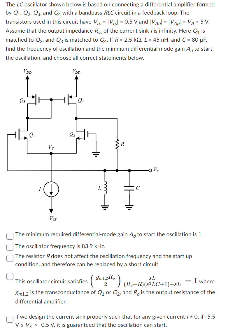 Solved The LC oscillator shown below is based on connecting | Chegg.com