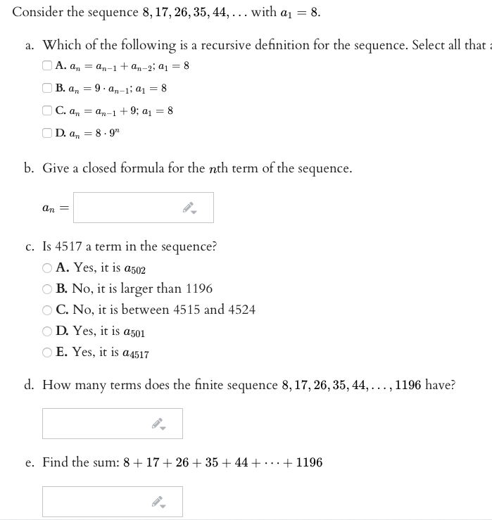 Solved Consider the sequence 8,17, 26, 35, 44, ... with a1 = | Chegg.com