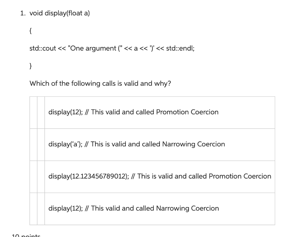 Solved void display(float a) \{ std:::cout ≪ "One argument | Chegg.com