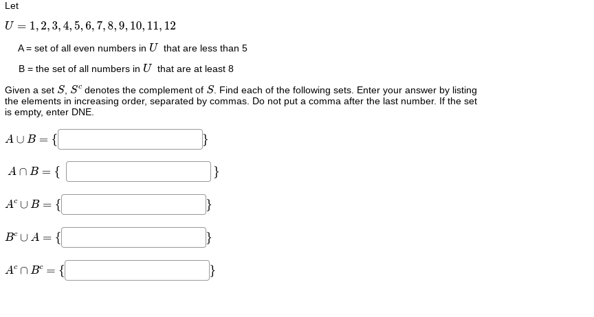 Solved U=1,2,3,4,5,6,7,8,9,10,11,12 A= set of all even | Chegg.com