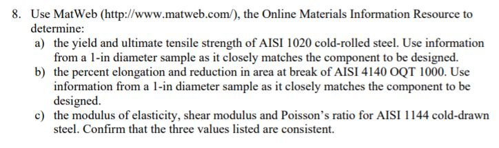 Solved 8. Use MatWeb (http://www.matweb.com/), the Online | Chegg.com