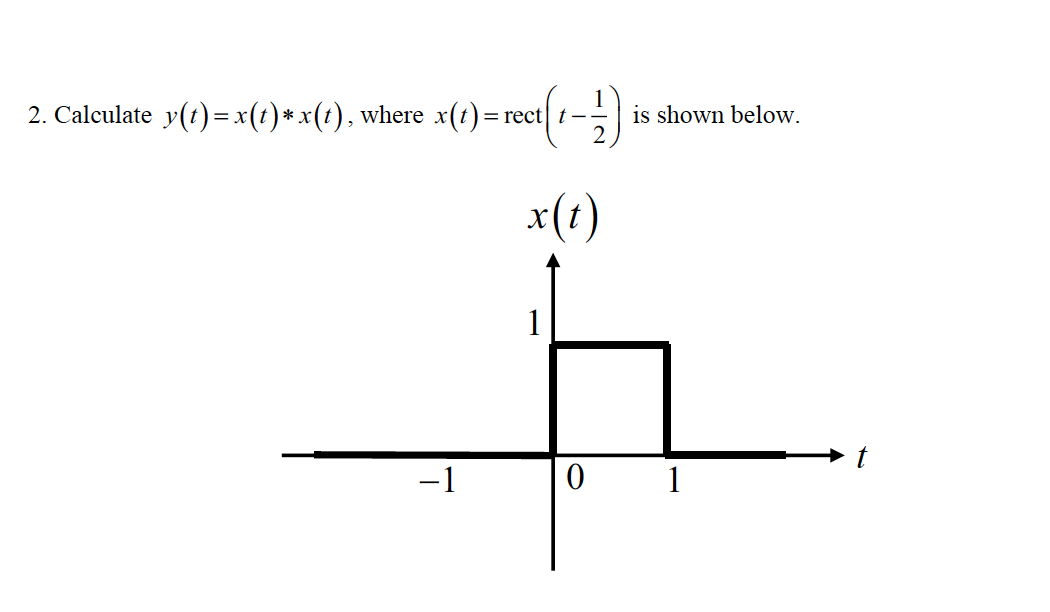Solved 2. Calculate y(t)= x(t)* x(t), where x(t)= =rect t- | Chegg.com