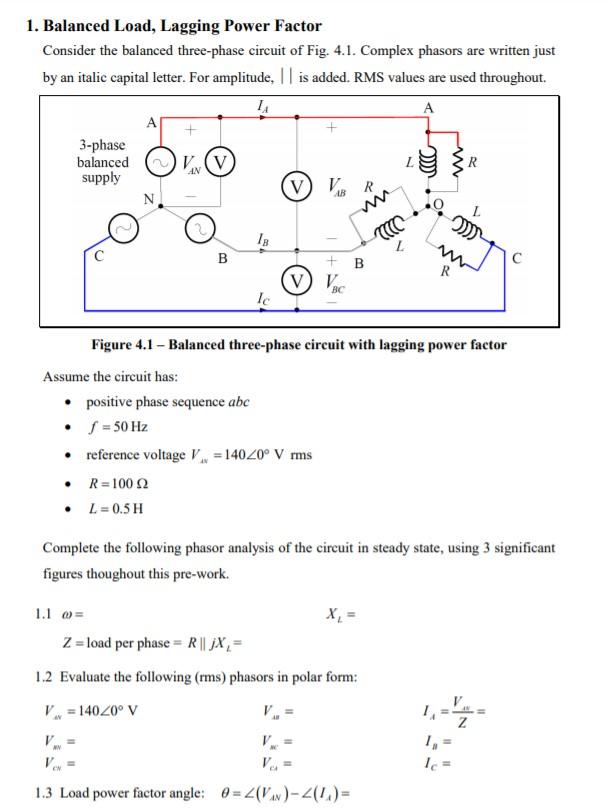 Solved 1. Balanced Load, Lagging Power Factor Consider the | Chegg.com