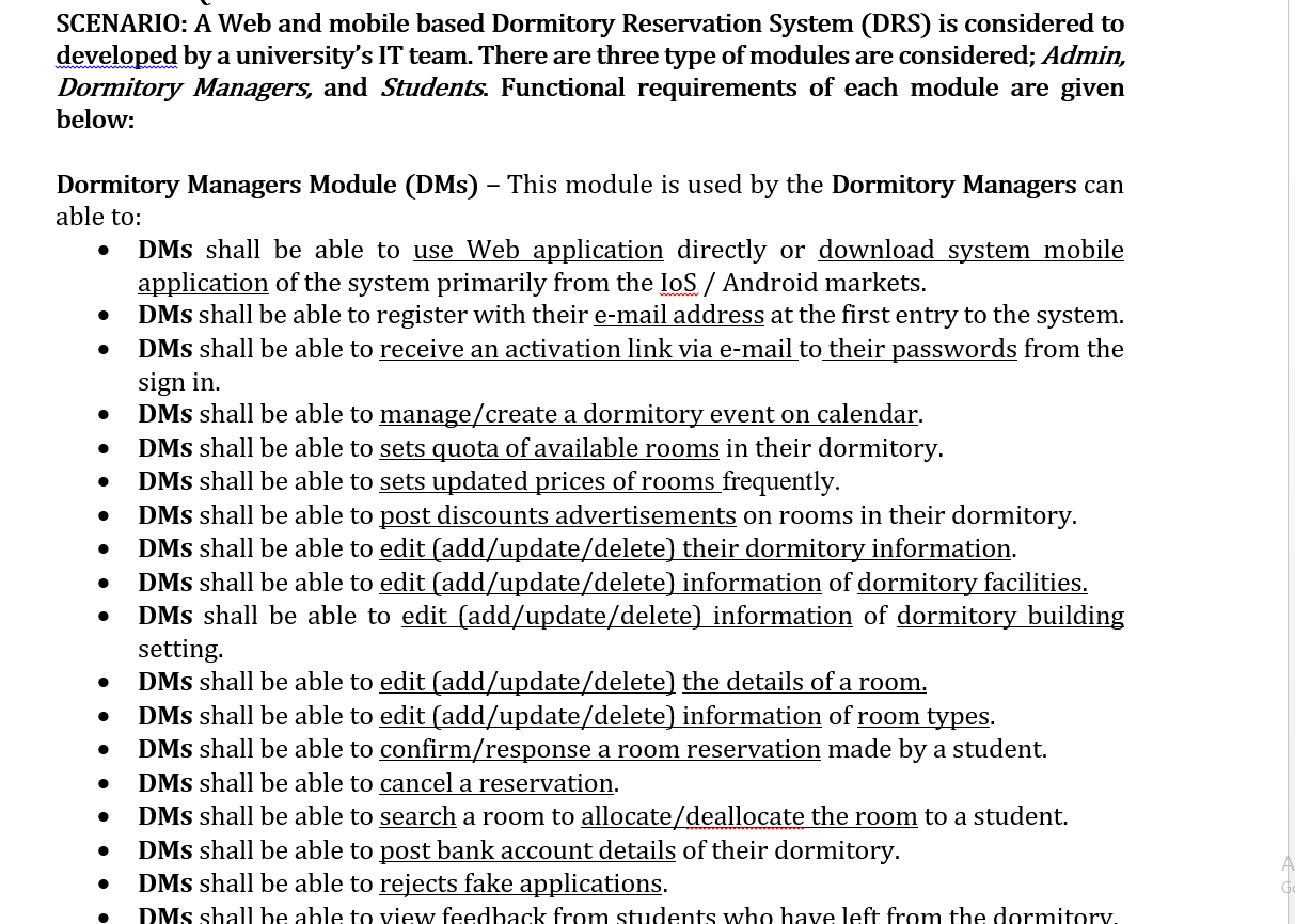 SCENARIO: A Web and mobile based Dormitory | Chegg.com